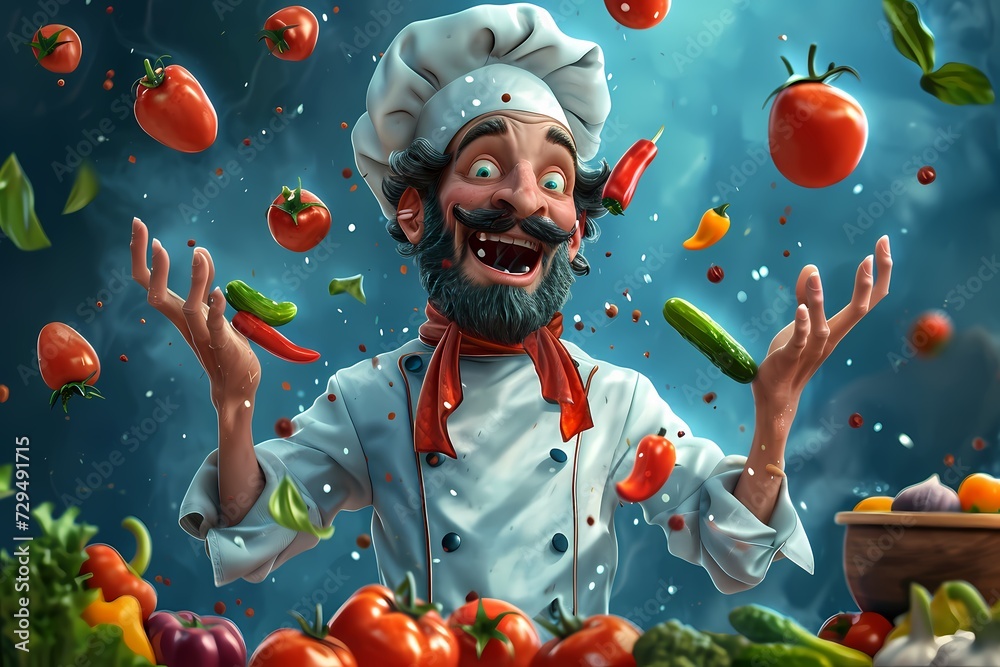 A whimsical painting of a chef hurling vibrant fruits and vegetables ...