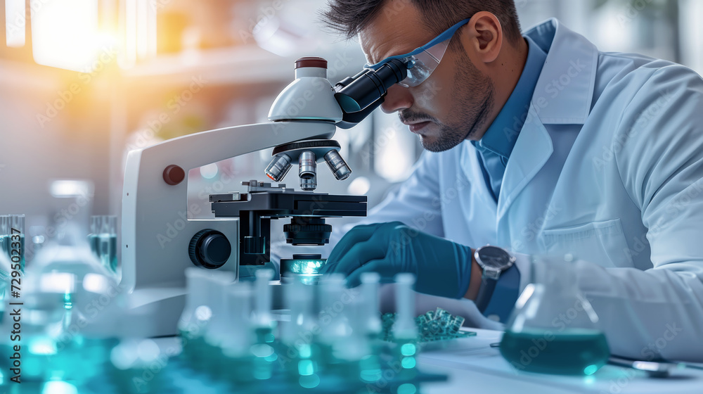 A scientist observing samples under a microscope in a modern Research ...