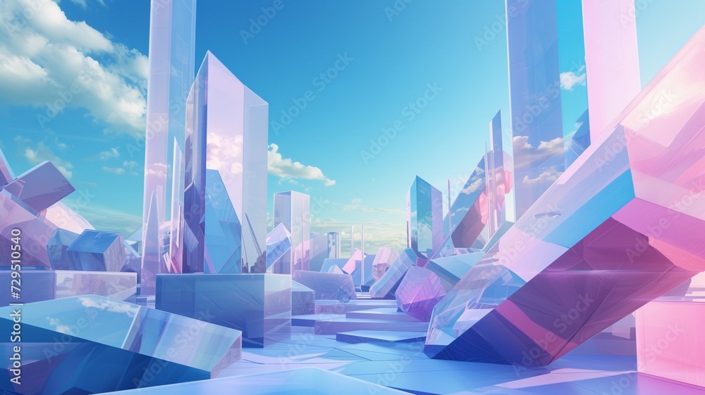 3D geometric showcase with a stunning blue sky background, showcasing a ...