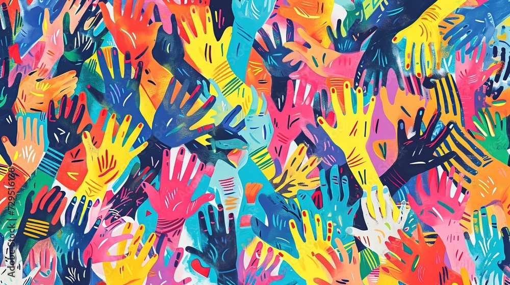 A bright and colorful display of handprints representing inclusivity ...