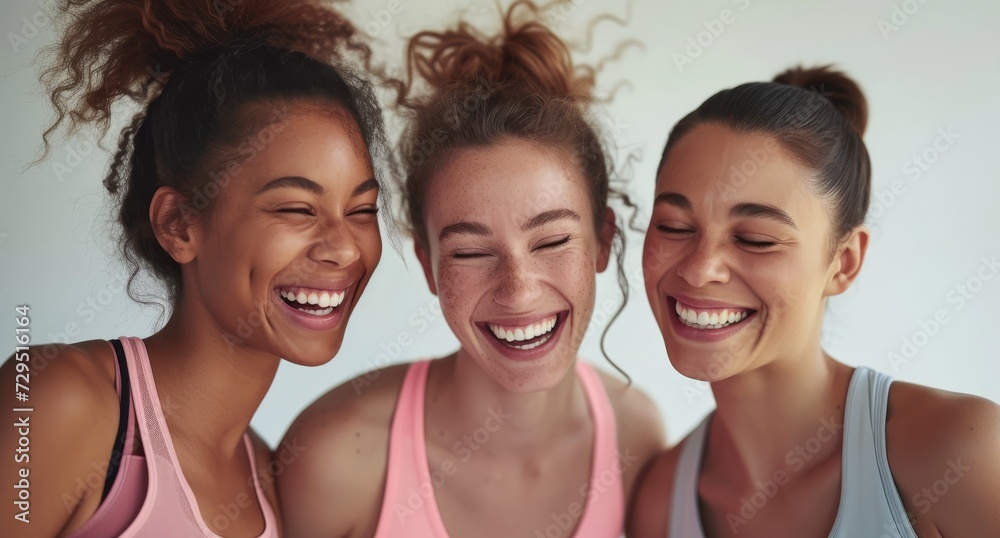 Group of three young, diverse female athletes celebrate their healthy ...
