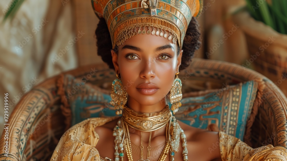 Beautiful model in the egyptian outfit sitting on a chair, white and ...