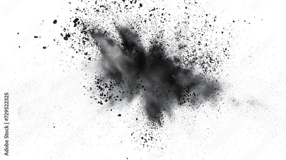 Black chalk pieces and powder flying, explosion effect isolated on ...