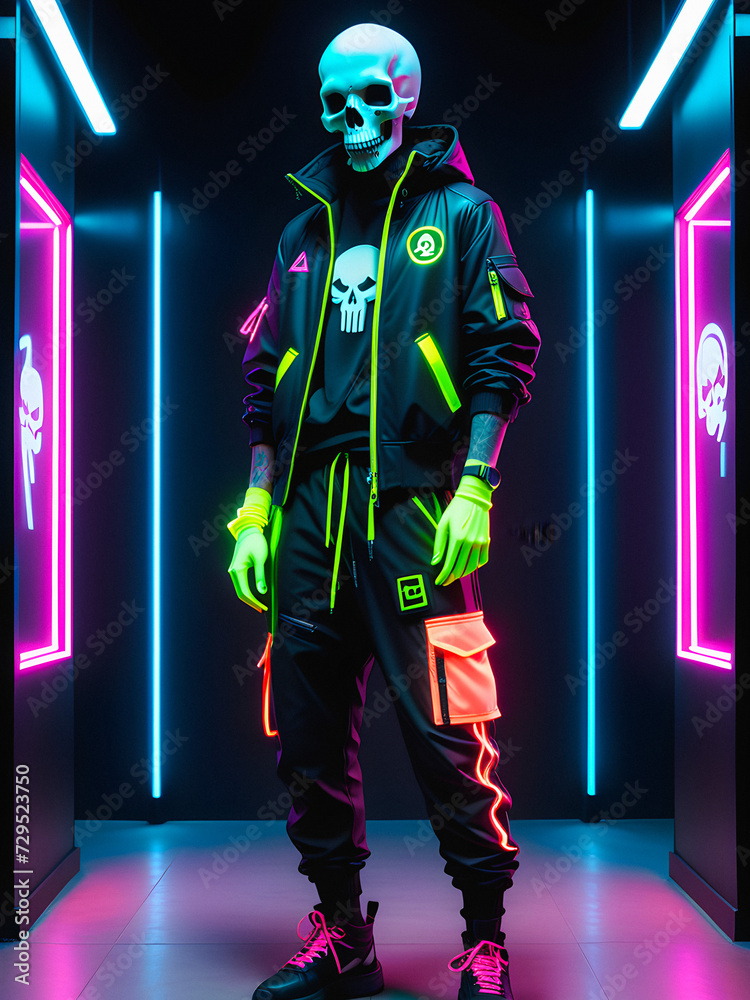 Cyberpunk Chic: A model in street techno graphics with neon accents and ...