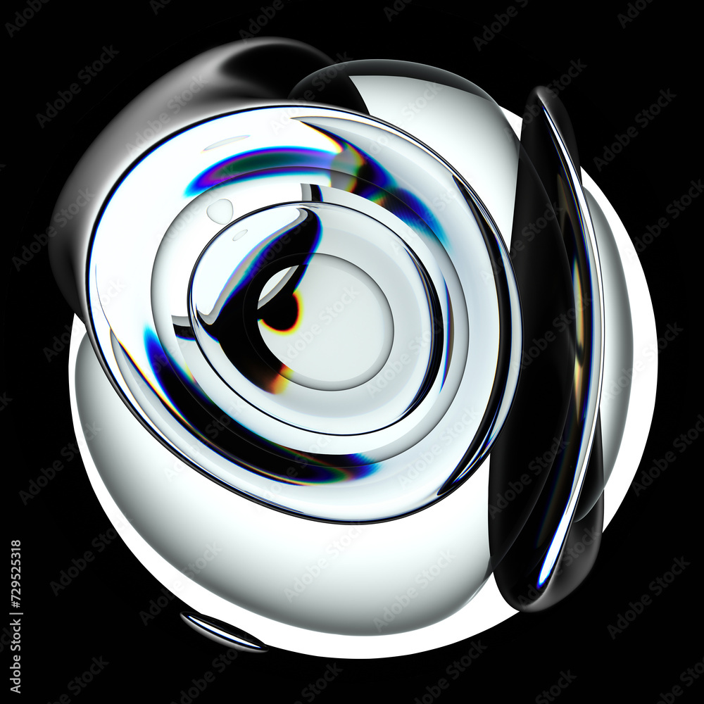 3d render abstract art with surreal glass sphere or ball in deformation in curve wavy round ...