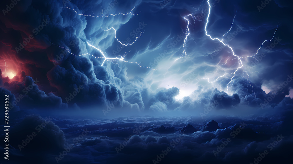 Poster Roaring thunderstorm, shocking lightning shines in the dark sky ...