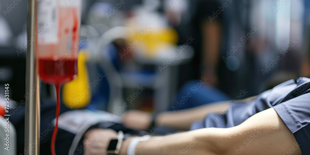 Close-up view of the blood donation process with the donor's arm, a bag ...