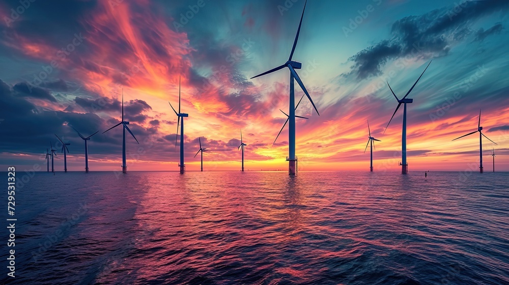 Offshore wind farm at beautiful dramatic sunset. A mesmerizing aerial ...