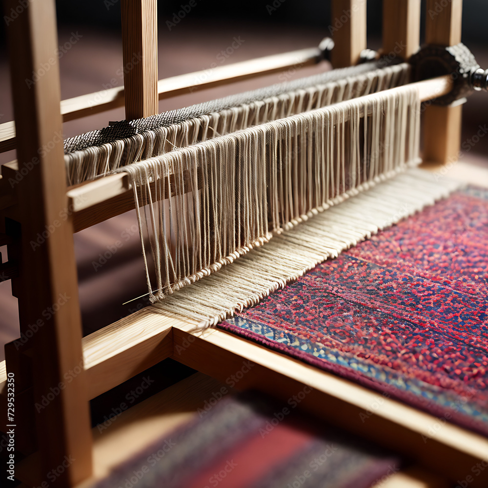 Wooden hand-made carpet weaving machine with threads and unfinished ...