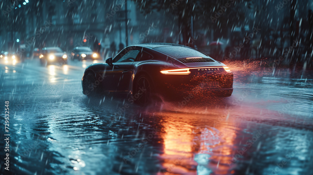 A luxury coupe driving through a rainstorm the droplets streaking ...