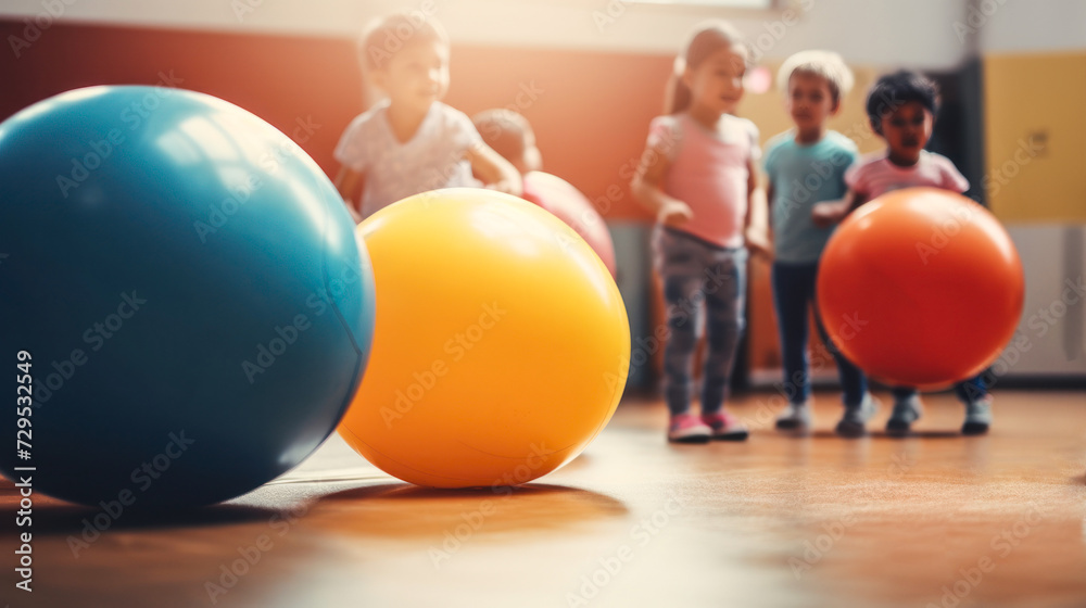 group of little children playing with giant balls in the school gym ...