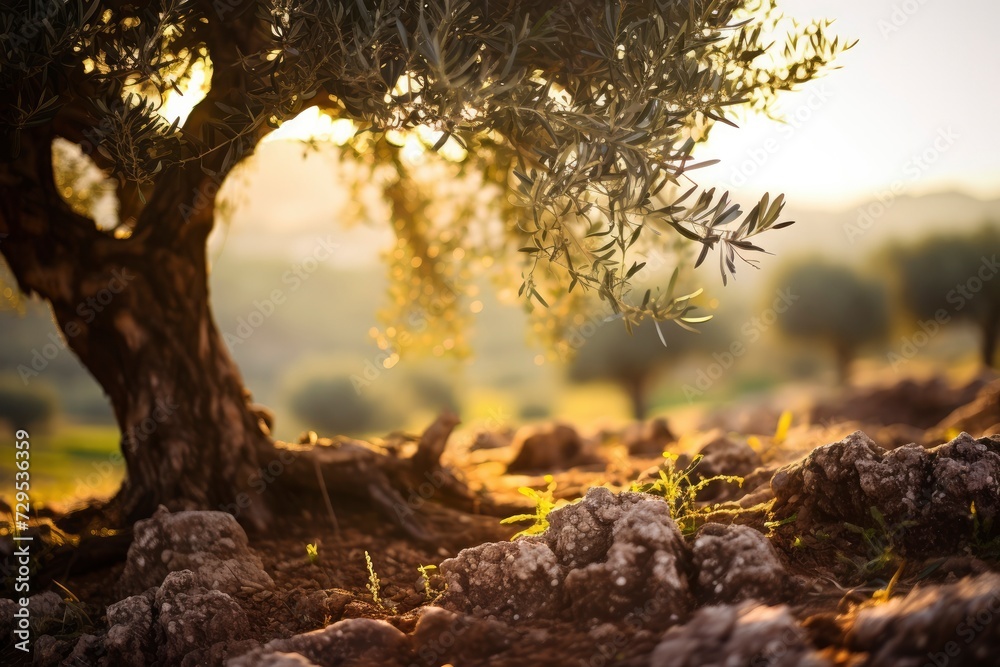 Olive trees. Beautiful sunny landscape, view of olive trees. Growing ...