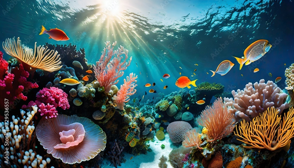 an underwater ecosystem teeming with vibrant marine life emphasizing ...
