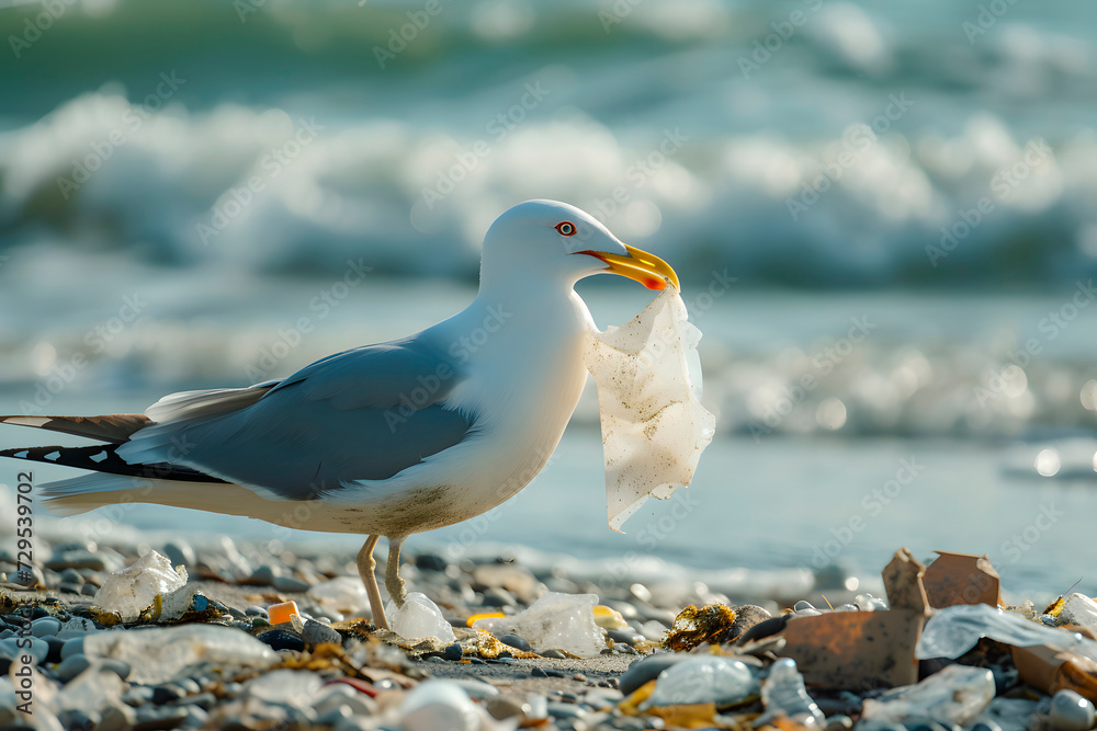 Seagull with a plastic bag in the beak on the sea shore. Seagull eat a ...