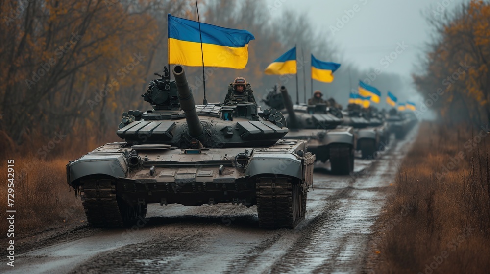 a column of military equipment, tanks and combat vehicles moves along a ...