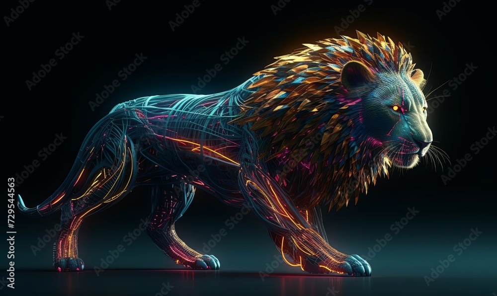 Cyber lion in glowing neon wires background. Feline 3d robot panther ...
