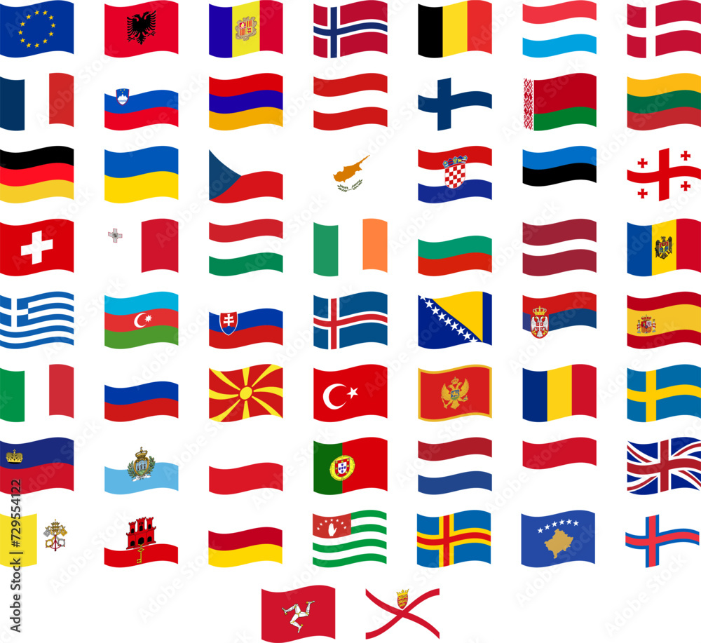 Europe flag set. Vector country waving flags icons, illustrations ...