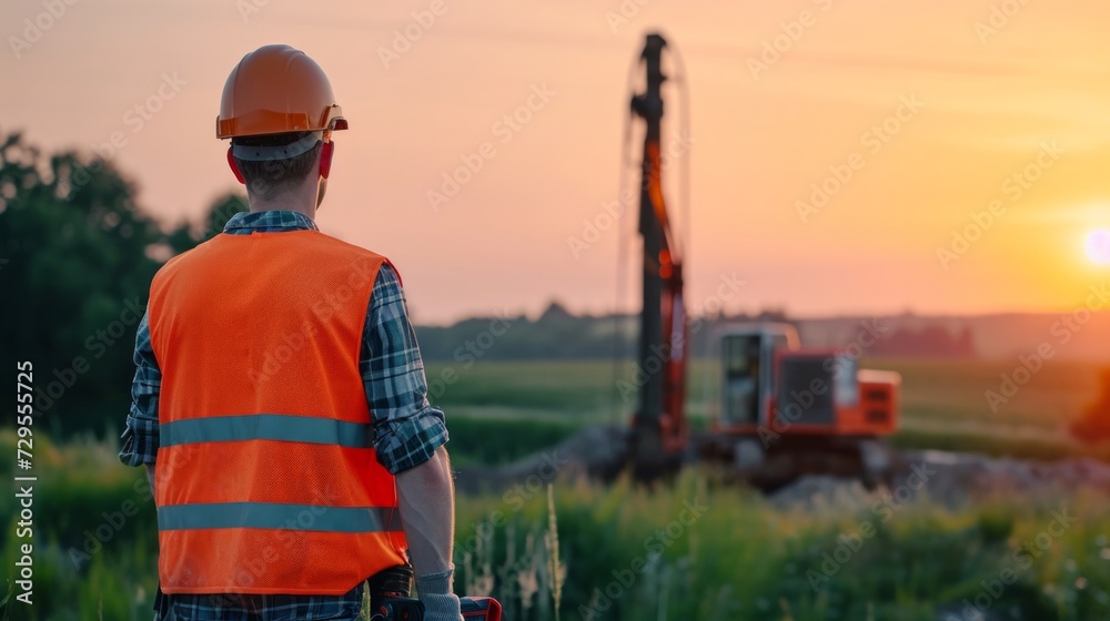 Worker drilling into the earth with his well drilling machine to ...