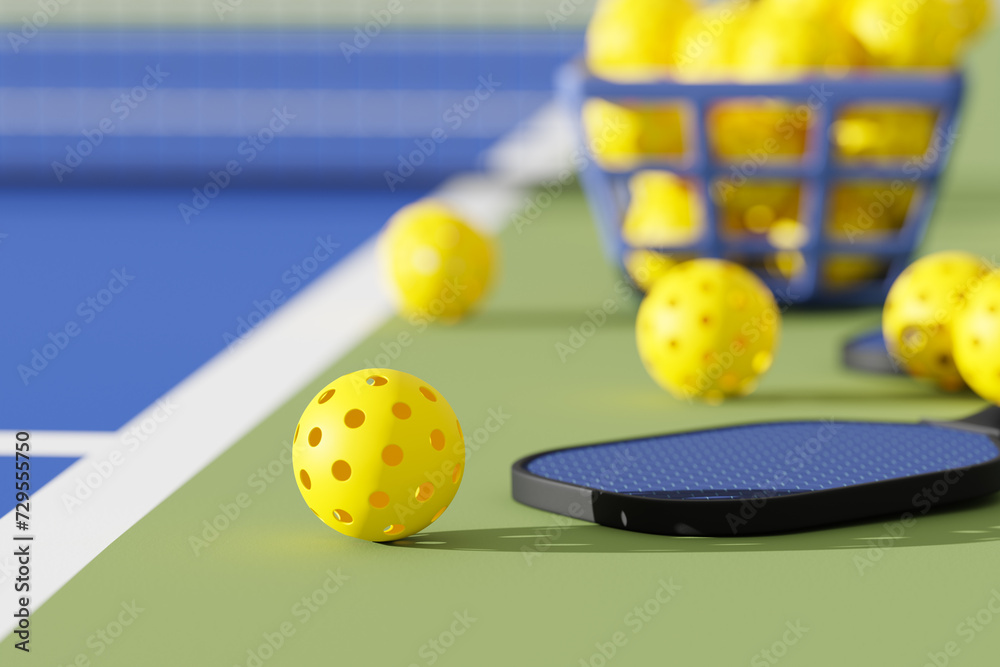 Pickleball sport equipments, paddle and basket of balls on court. 3d ...