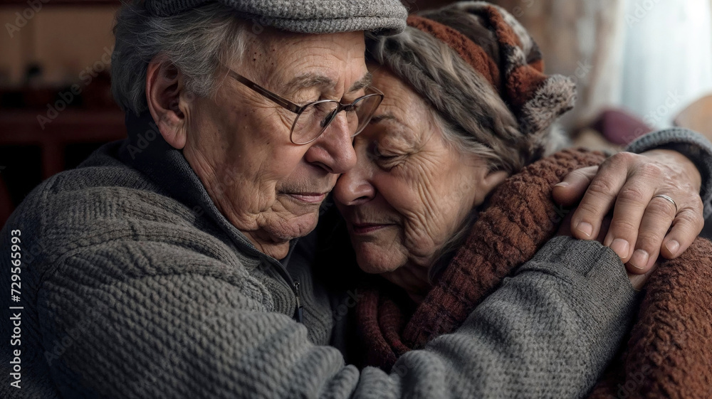 A tender moment between an elderly couple, sharing a warm embrace in a ...