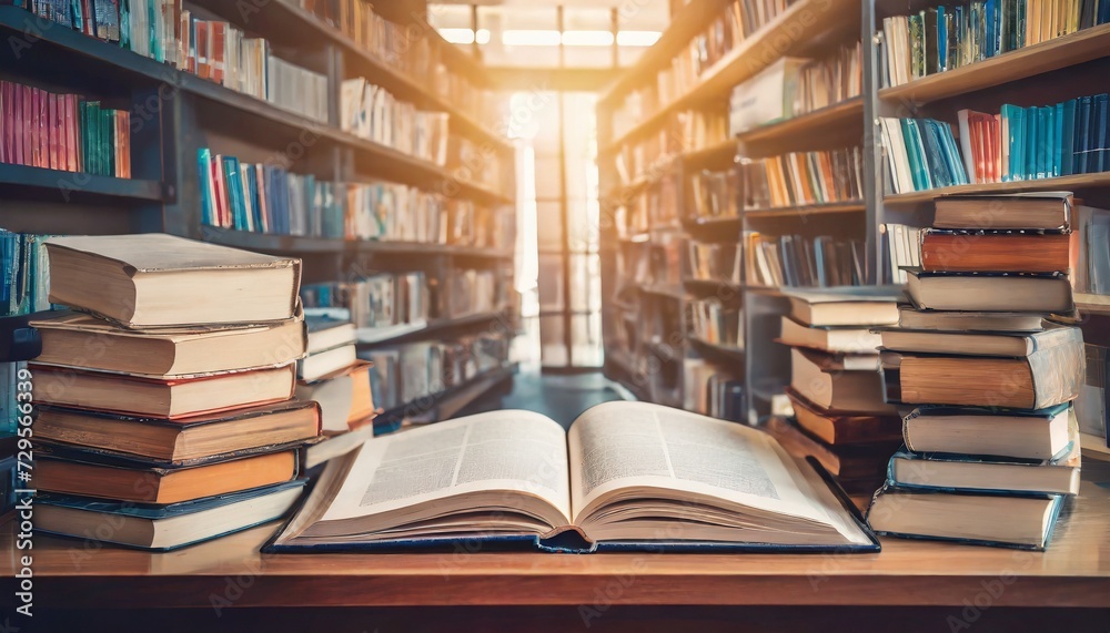 book in library with old open textbook stack piles of literature text ...