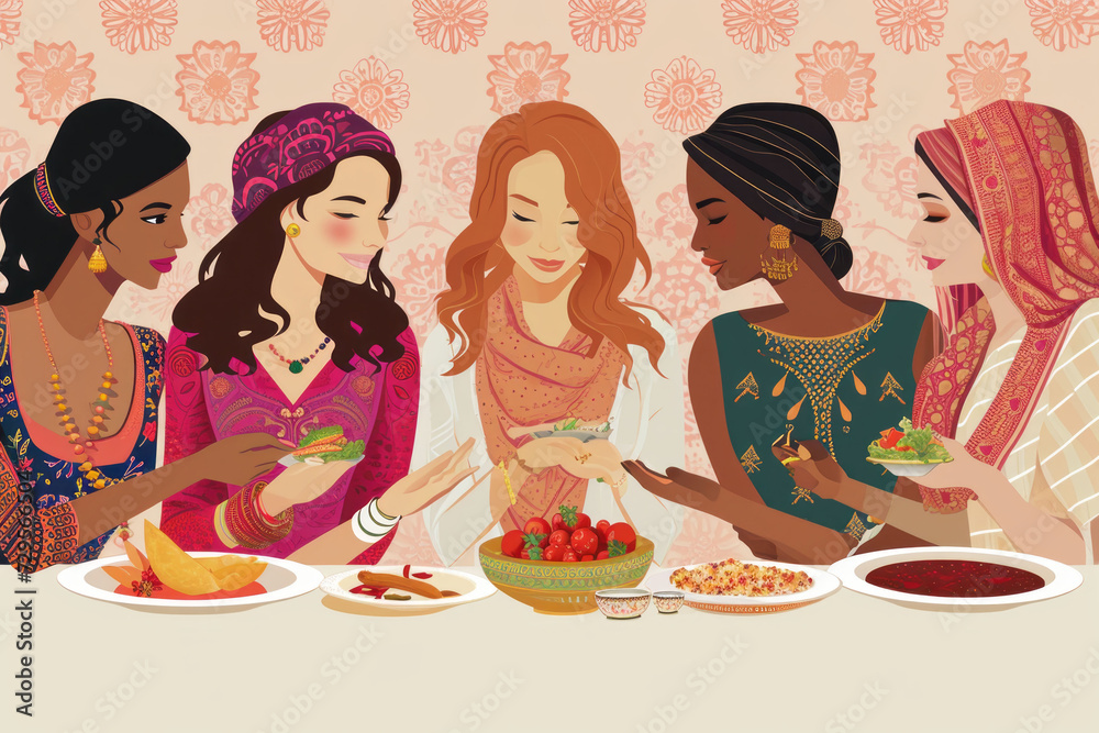 Women from different cultural backgrounds sharing traditional foods ...