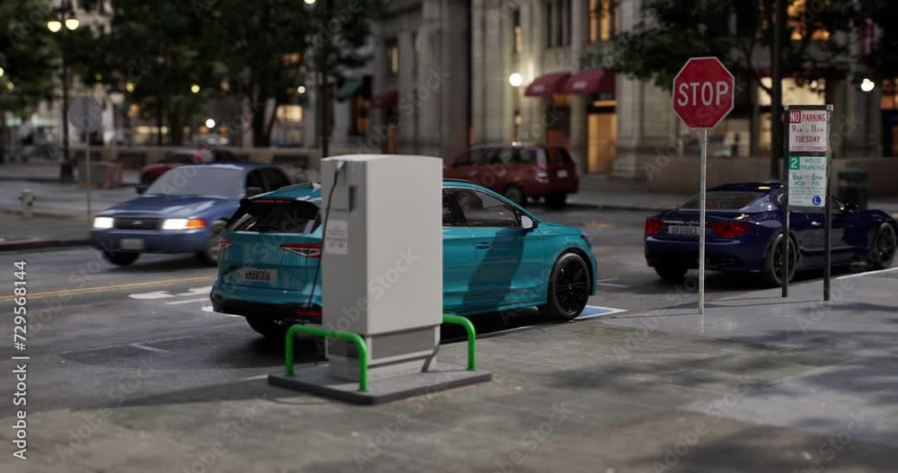 3D animation of generic electric vehicle charging at station dock point ...