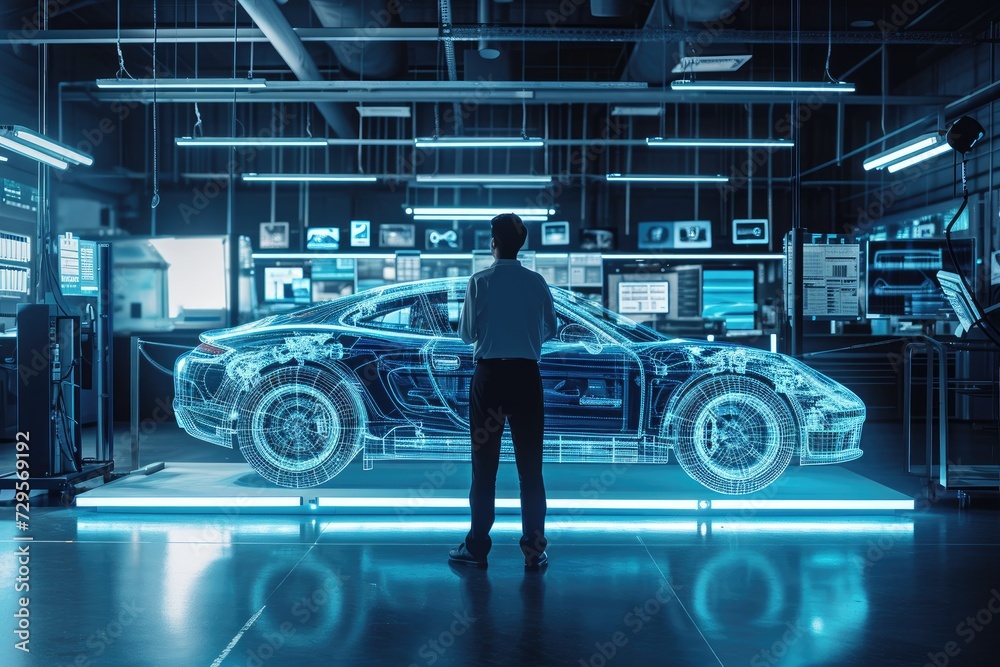 An engineer with a tablet stands before a holographic projection of a ...