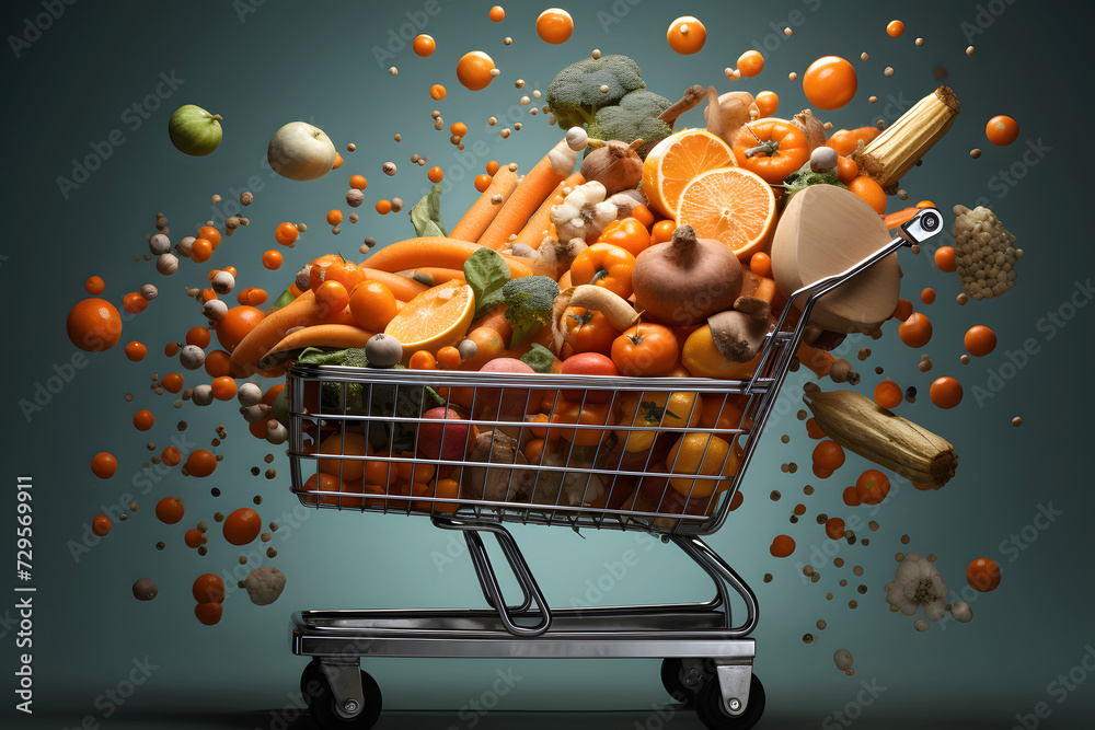 grocery cart with fruits, vegetables and other products from the ...