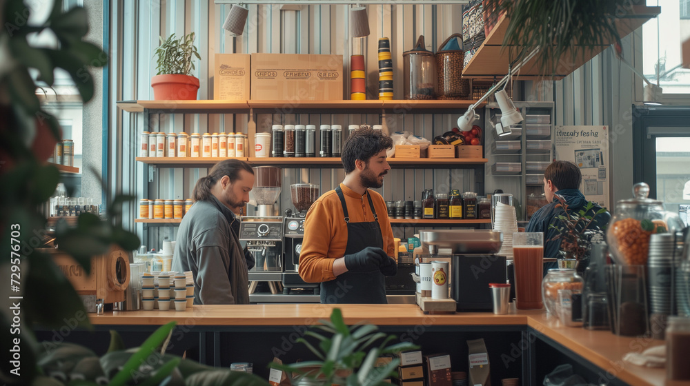 Zero waste shop interior details. Wooden shelves with different food ...