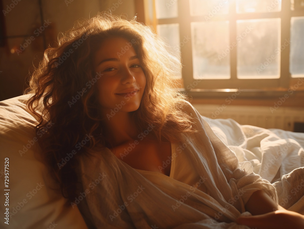 Beautiful woman is waking up in the morning, lying in bed, sun shines ...