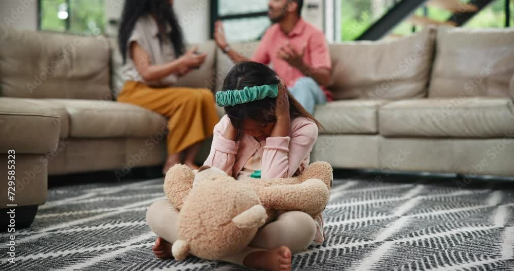 Divorce, fighting and girl on a floor with teddy bear for comfort from ...