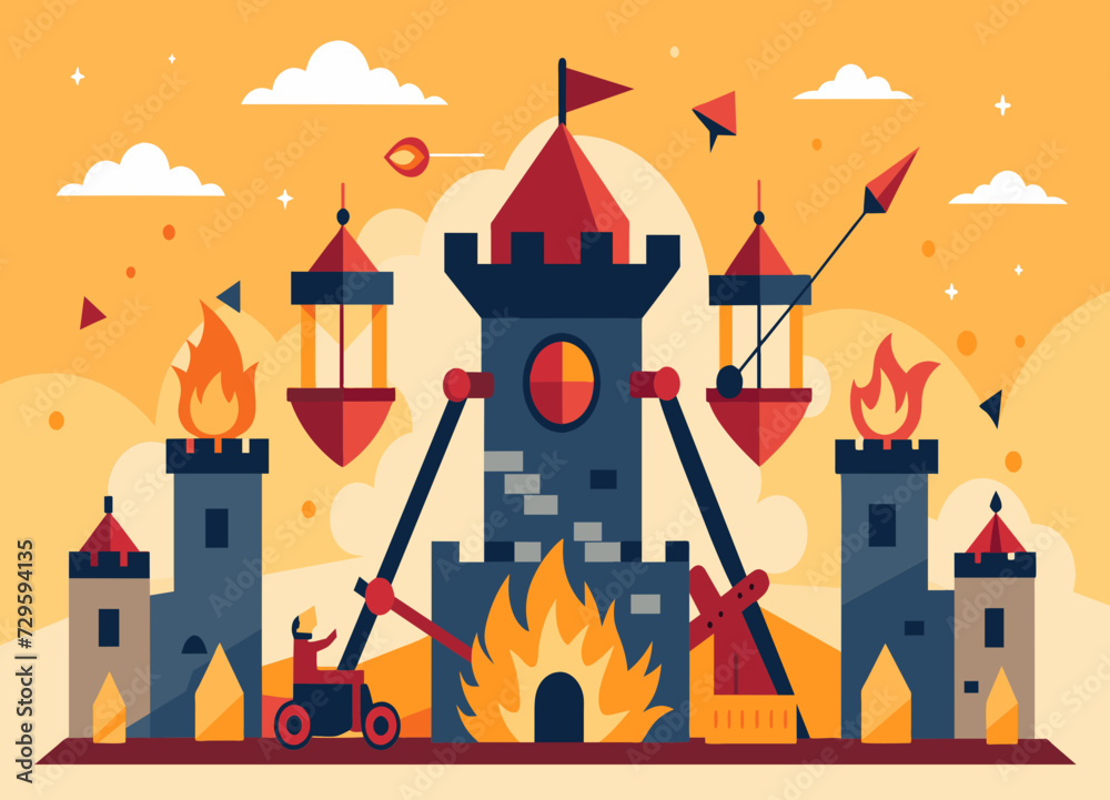 A medieval siege battle with catapults and flaming projectiles. vektor ...
