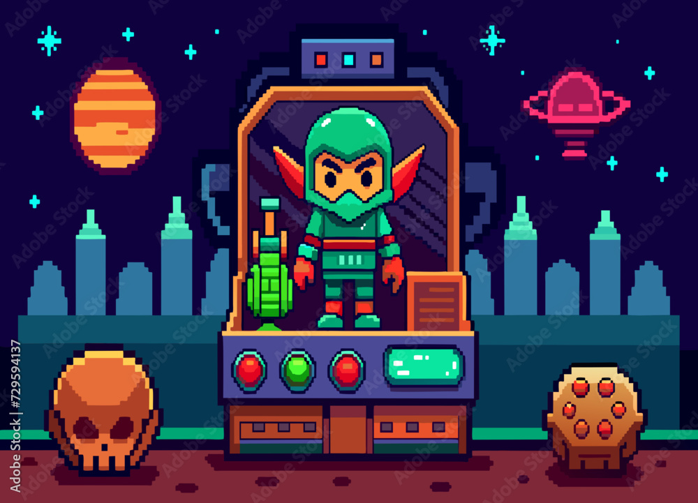A pixel-art retro arcade game screen with a hero character and enemies ...