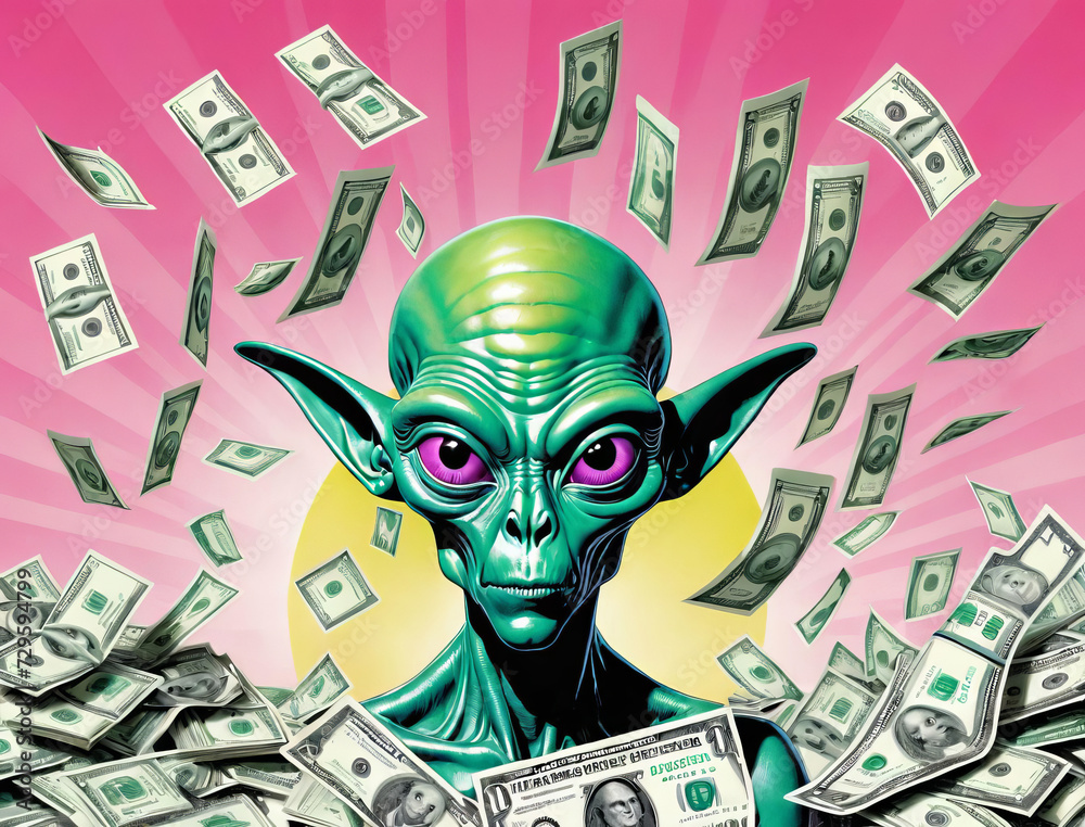 Illuminati Conspiracy - Surreal scene of an alien, money, and a chaotic ...