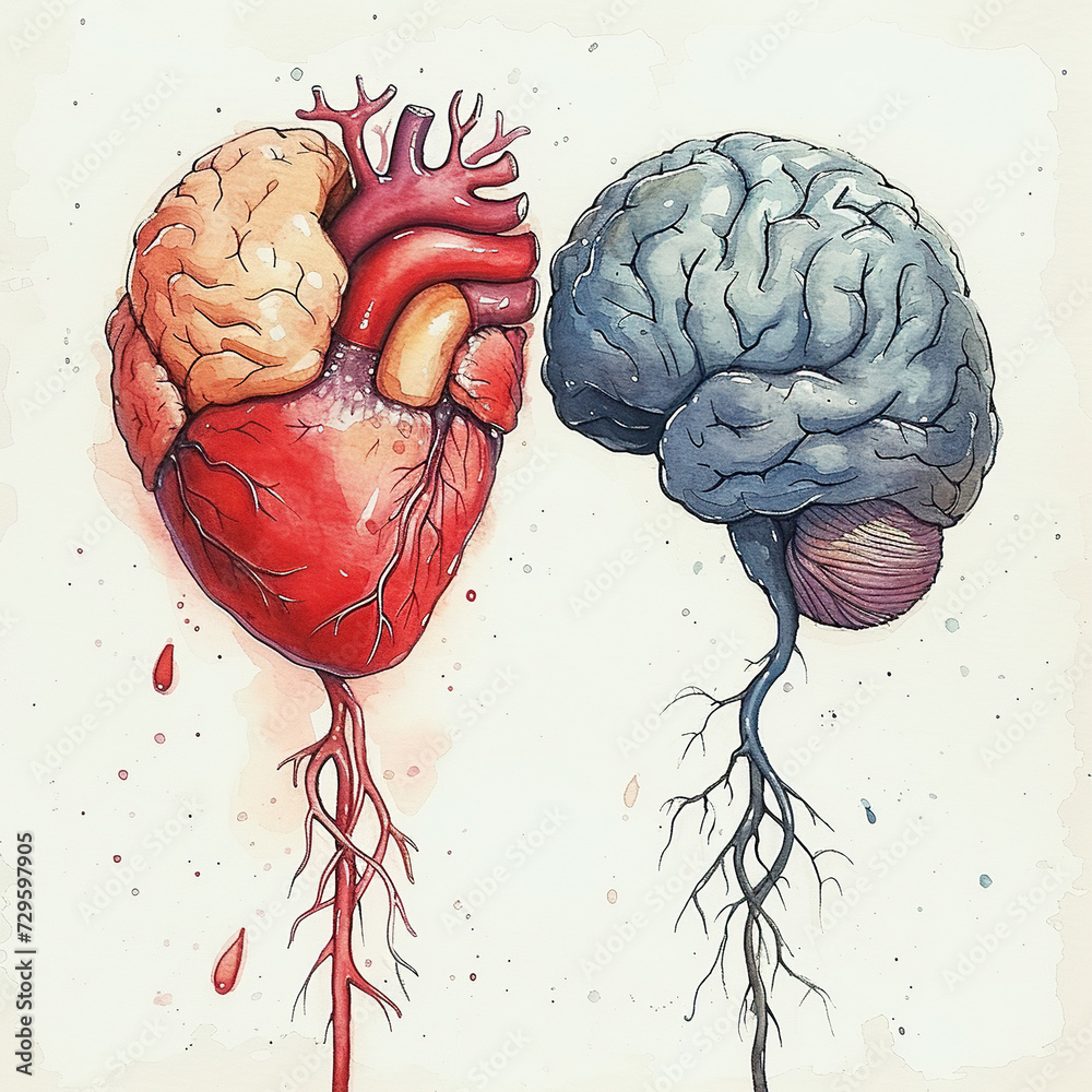 concept of brain and heart interactions, bonding and connection between ...