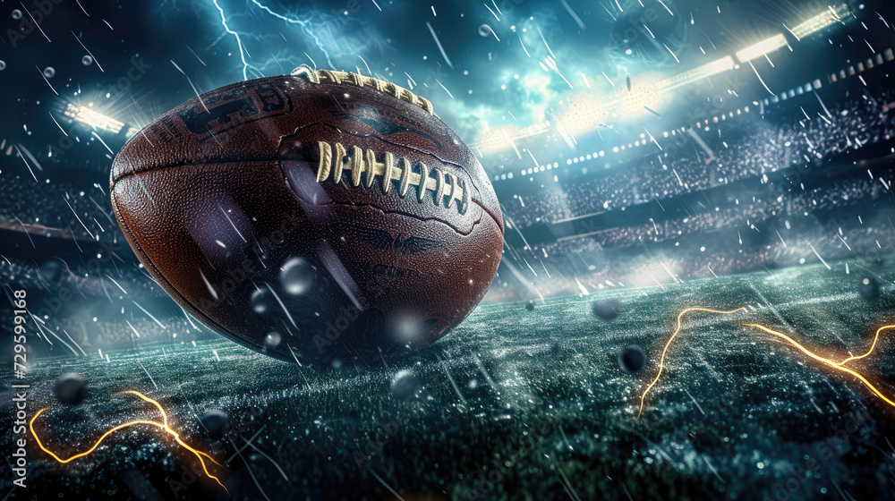 An American football lies on the rainy turf under the stadium lights ...