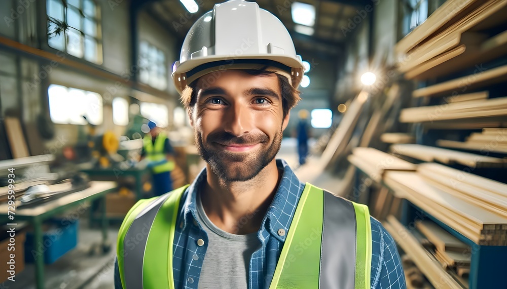This image captures a smiling man with a beard, wearing a white hard ...