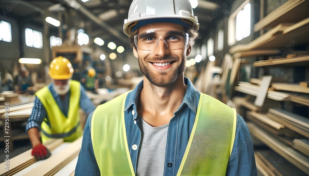 This image shows a smiling male worker with a beard, wearing safety ...