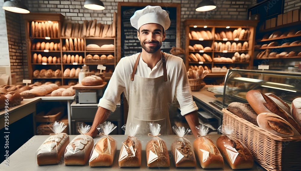 The image captures a cheerful baker wearing a chef's hat and an apron ...
