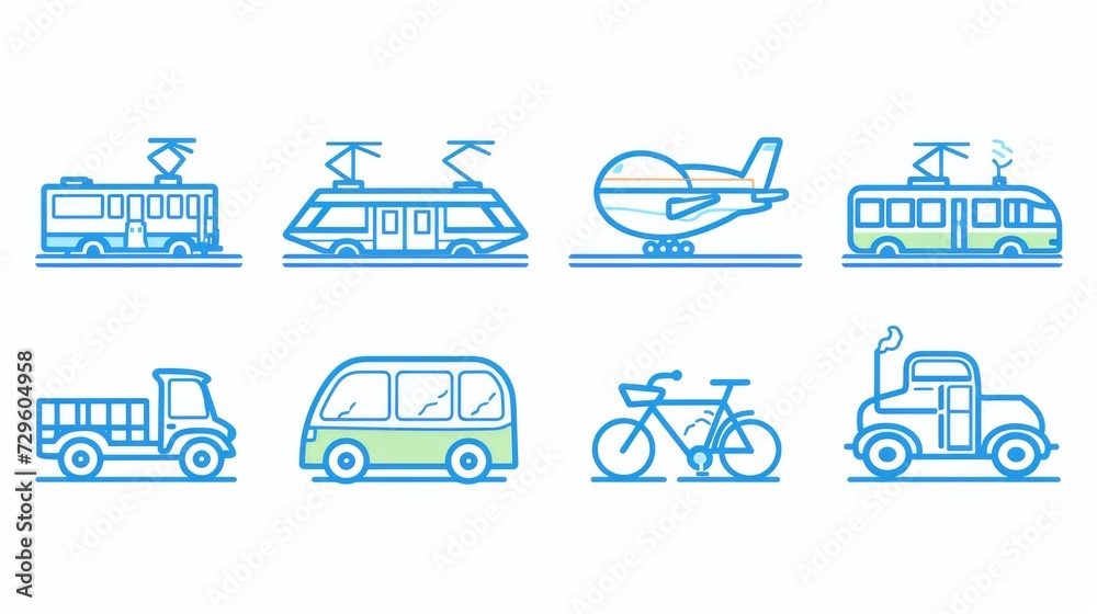 Linear pictograms of vehicle, air, railway, and bike transport ...
