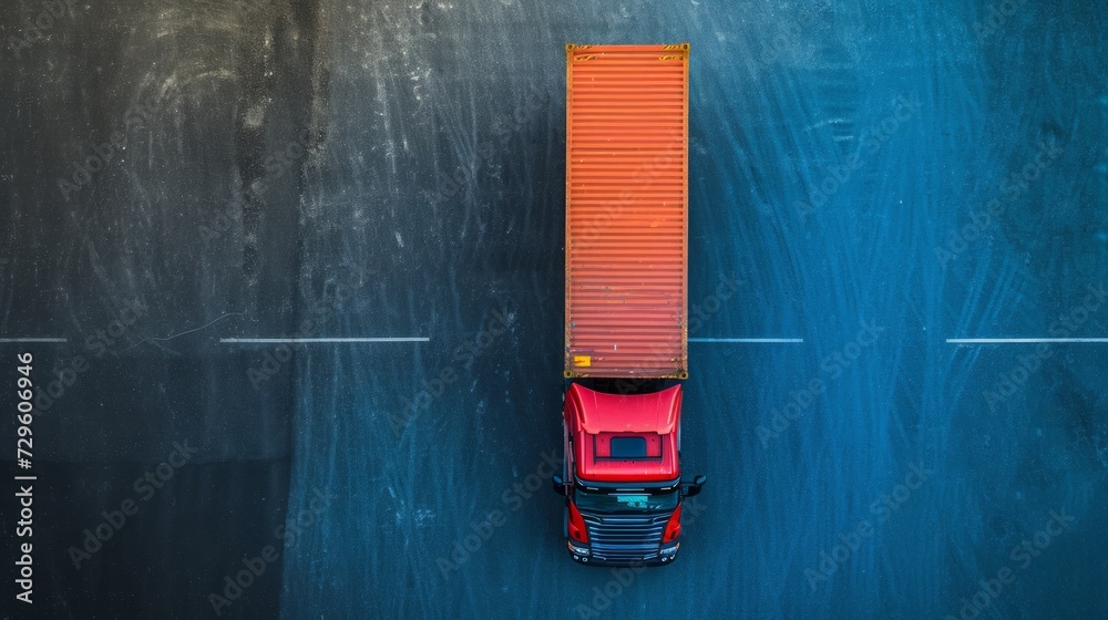 top view of semi truck with container cargo, Business logistic and ...