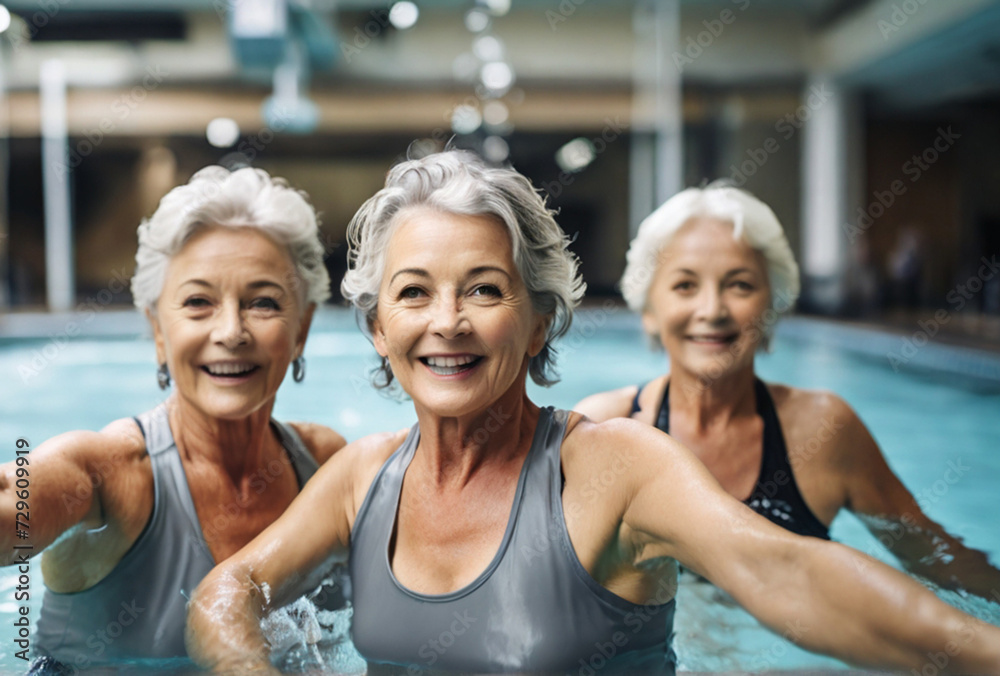 Active mature women in 60s enjoying aqua gym class, maintaining a ...