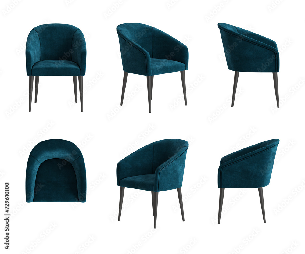 Set of six views of a chair with a quilted back, velvet dark blue cover ...