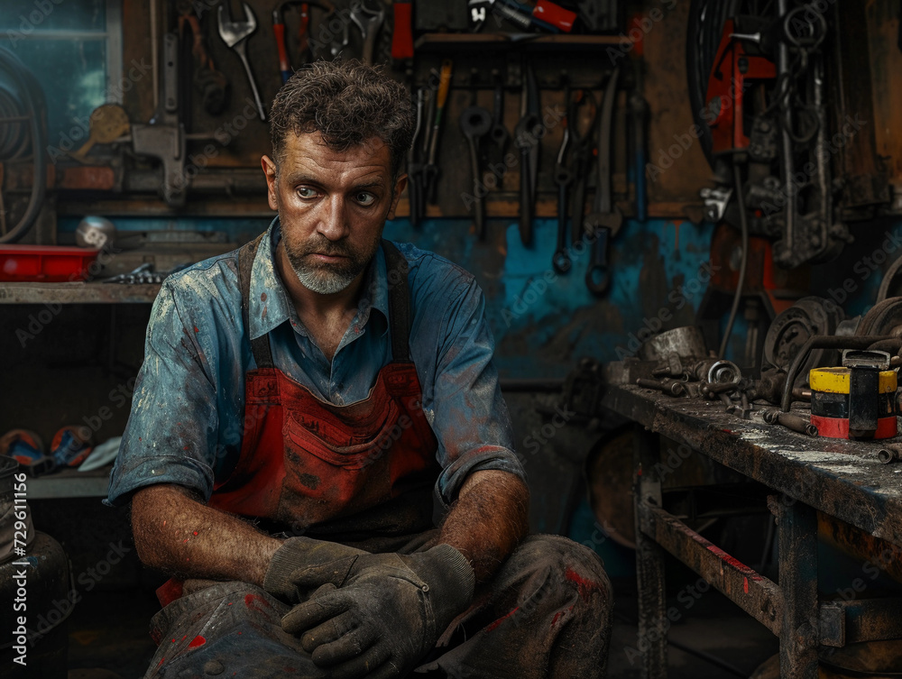 mechanic working in an old, cluttered garage, hands dirty from work ...