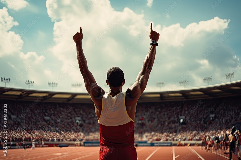 Victorious athlete raising arms in triumph at a sunny outdoor track and ...