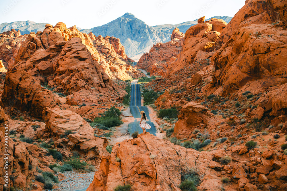Rear view of woman at famous viewpoint overlooking the Valley of Fire ...
