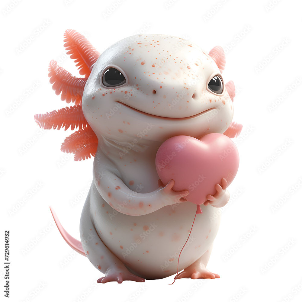 A heartwarming 3D animated cartoon render of a smiling axolotl holding ...