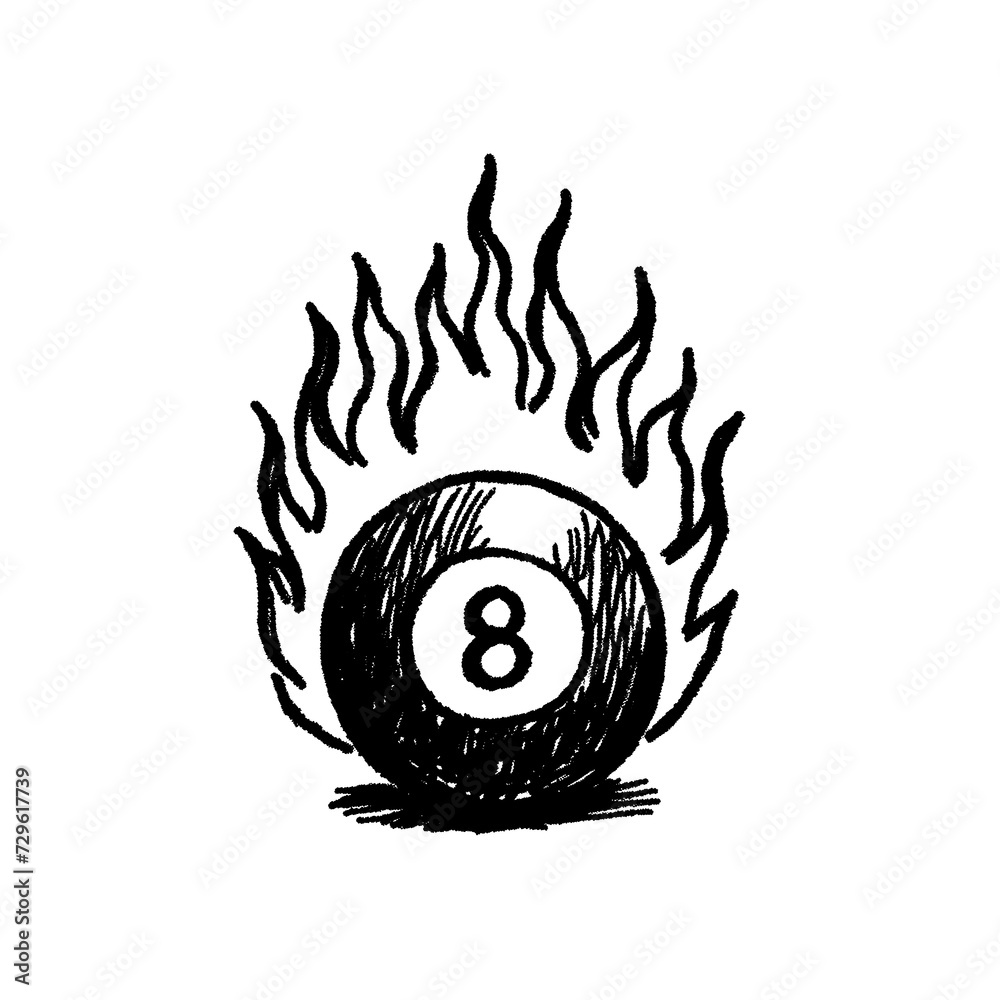 biliard 8 ball in flames, in the style of childish hand drawn drawing ...