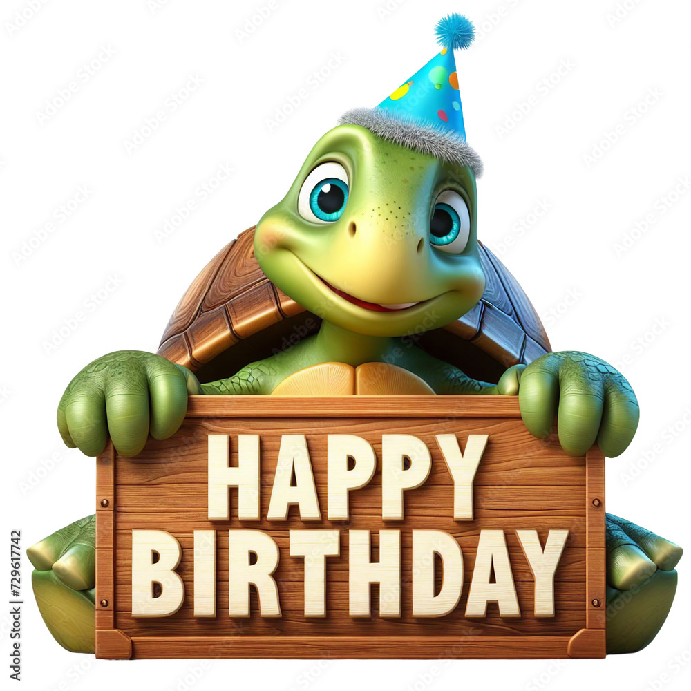 Cute Animal 3D Turtle Holding 'Happy Birthday' Board and Wearing Party ...